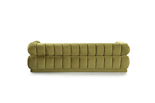Iconic Home Quebec Sofa Velvet Upholstered Vertical Channel-Quilted Shelter Arm Tufted Design Modern Contemporary, Green