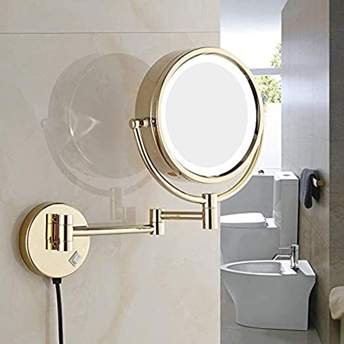 CZQ Wall Mounted LED Lighted Makeup Mirror Hardwired with 10X Magnification, Double Sided 360° Swivel Vanity Bathroom Cosmetic Mirror Extension, 8.5 Inches Plug Powered, Gold