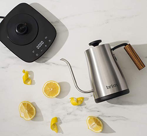 Brim 0.8L Gooseneck Kettle w Wood Handle, Easy Brewing Pour Over Coffee, Tea or Hot Beverages, 6 Variable Temperature Presets, Capacitive Smart Touch Interface, Cordless Power Base, Stainless Steel