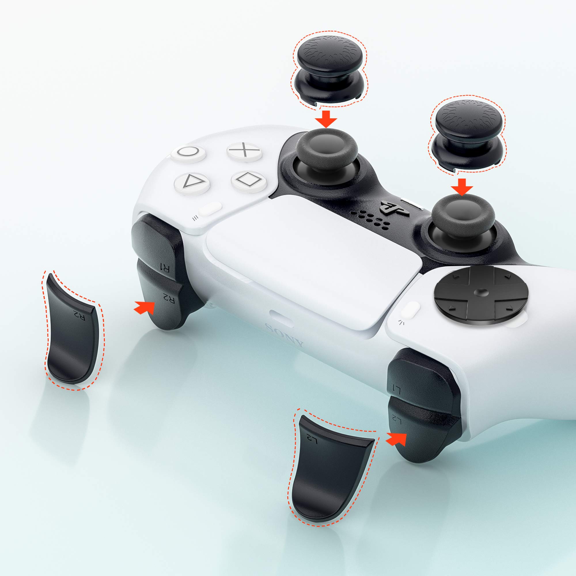 PS5 Controller Accessories Kit, Daugee L2 R2 Trigger Extender+Silicon Analog Stick Thumb Grips+D-pad for Playstation 5 Controller,Anti-Slip Replacement Parts（Black）