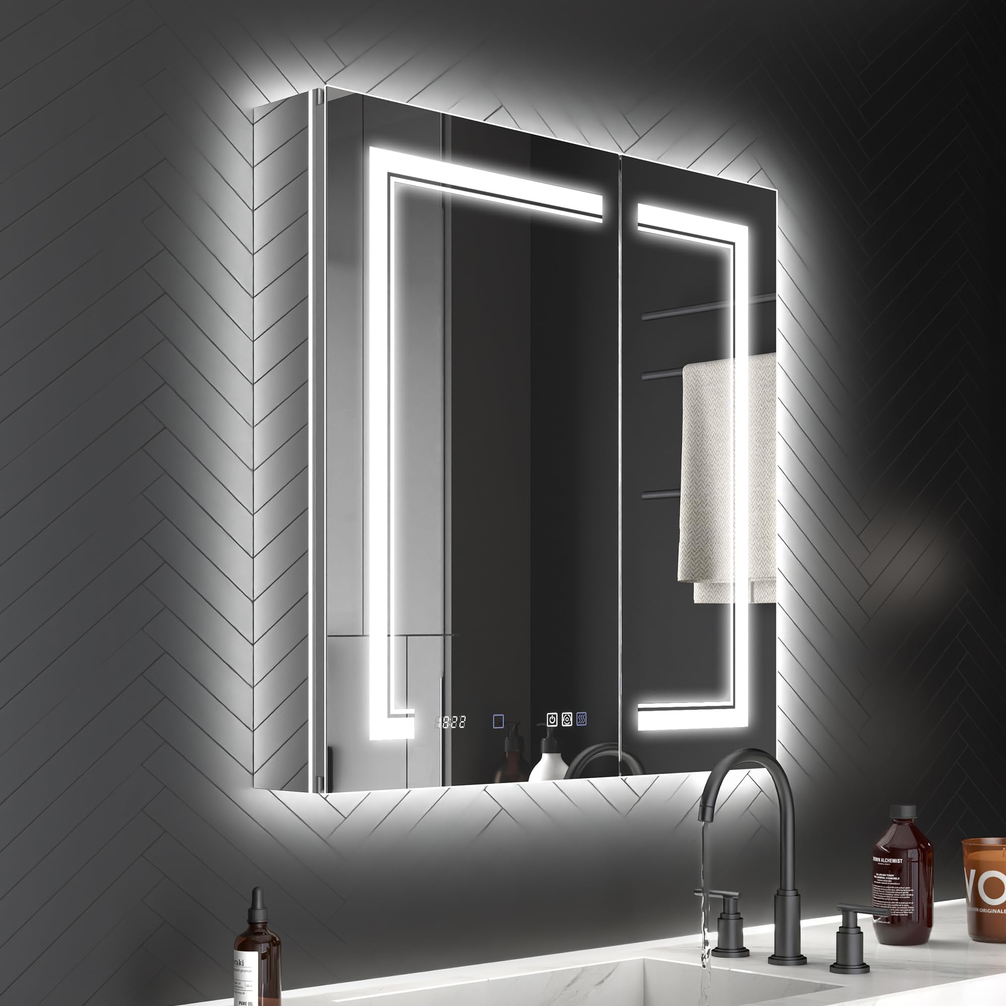 ExBrite 30 x 32 Lighted Medicine Cabinet with Mirror, Front&Backlit led Medicine Cabinet,Clock Temp Display,Defog,10x Magnifier,3 Colors Temper Dimmable,Surface or Recessed Mount,Door Wide Open