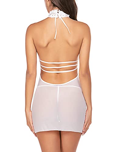 Avidlove Lingerie for Women Sexy Deep V Halter Lace Babydoll Mesh Chemises White