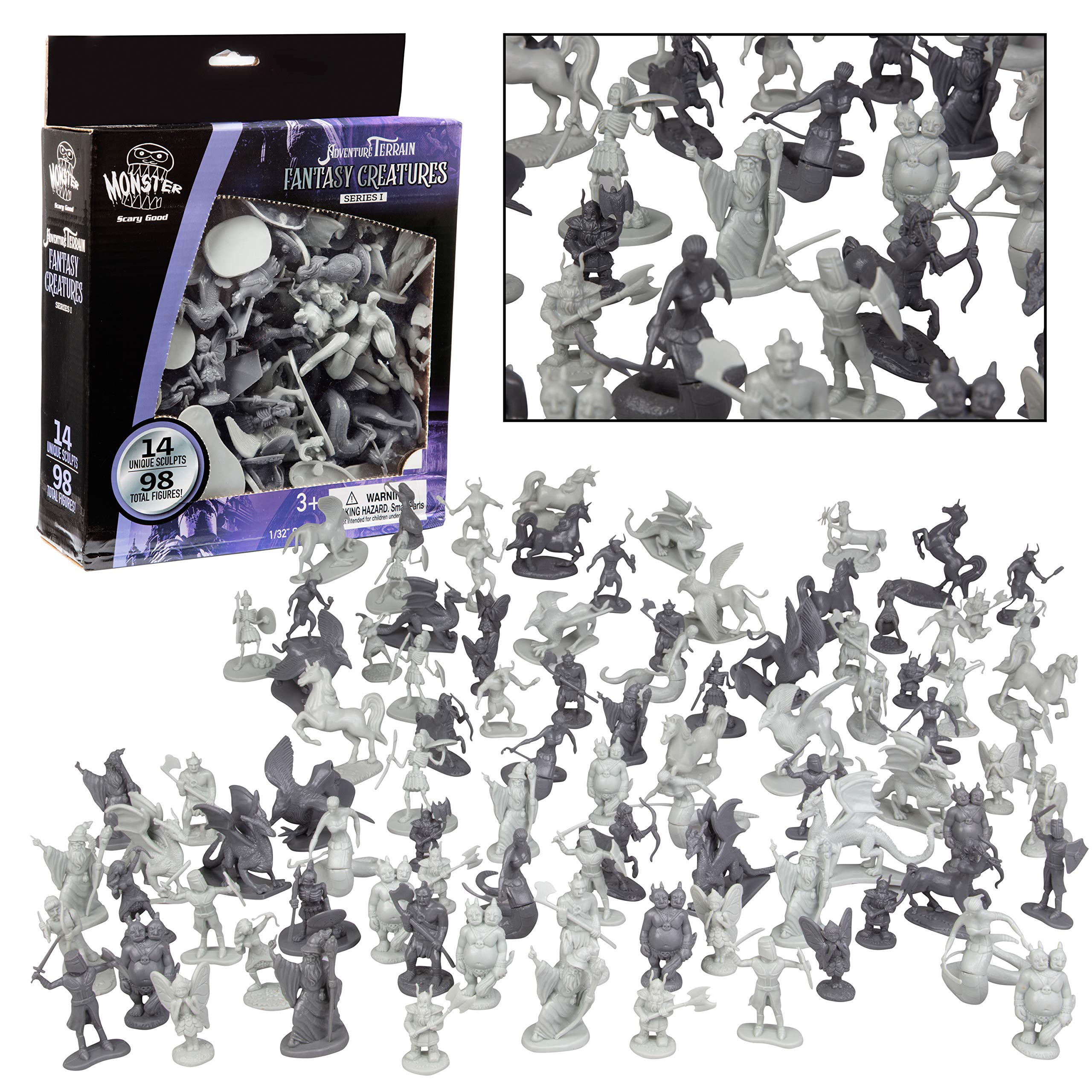Monster Fantasy Creature Mini Action Figure Playset - 98pcs Toy Miniatures w 14 Unique Designs - Dragons, Wizards, Orcs, & More- XL 1/32 Scale Compatible with Dungeons and Dragons and Other RPG Games