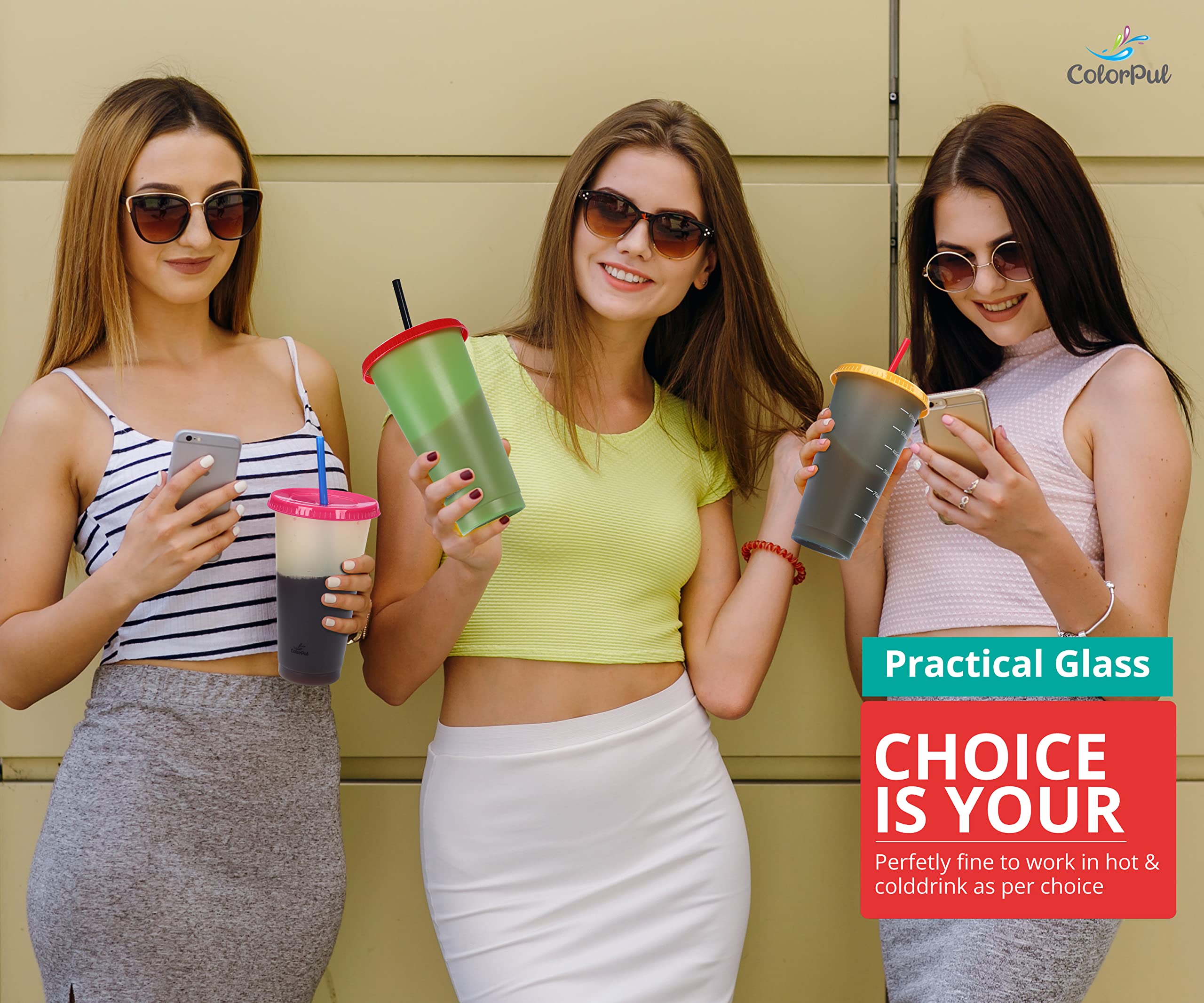 COLORPUL 24oz Plastic Tumblers - 9 Pack Color Changing Cups With Lids and Straws - Reusable Smoothie Cups for Kids