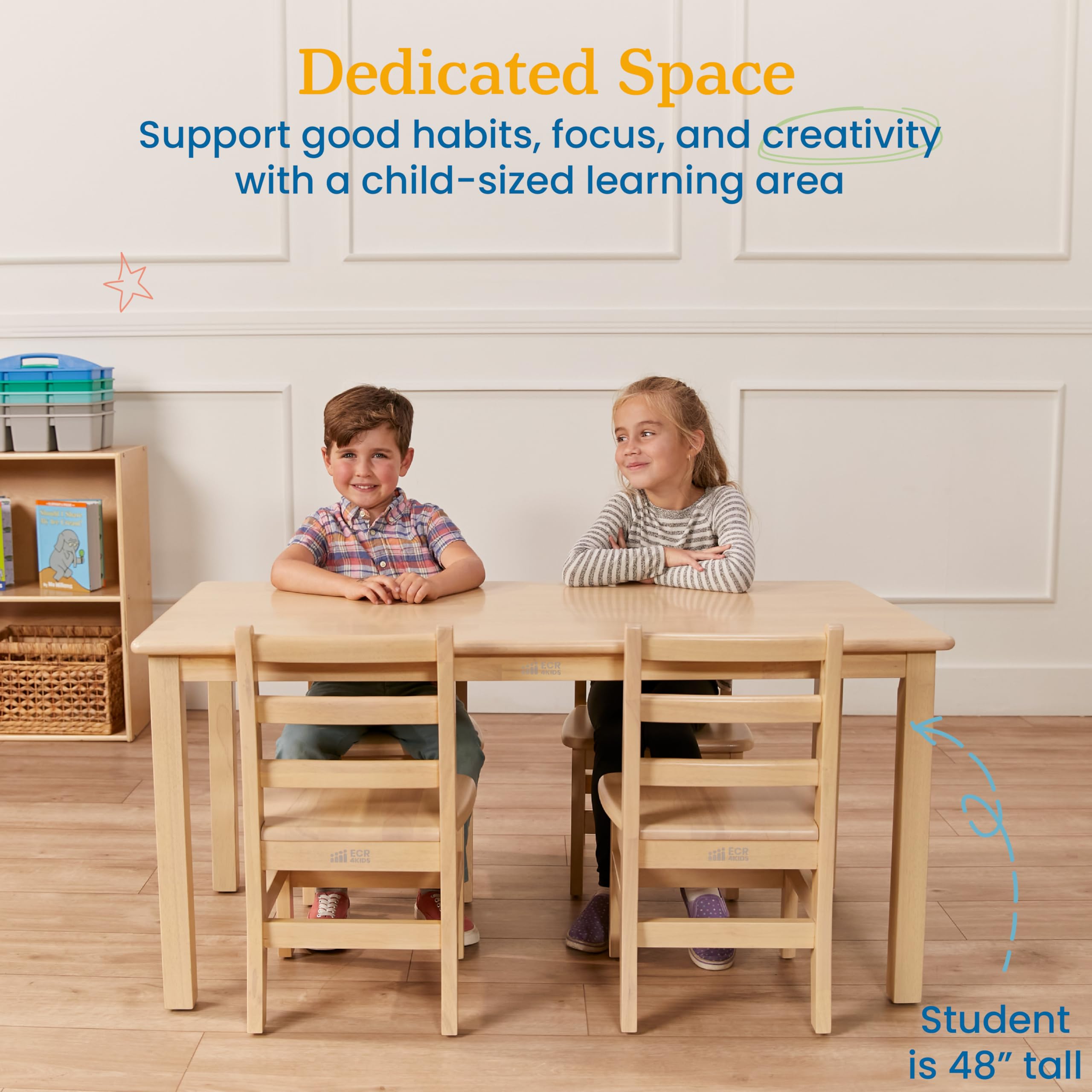ECR4Kids 24in x 48in Rectangular Hardwood Table and Chair Set, 12in Seat Height, Kids Furniture, Dark Walnut