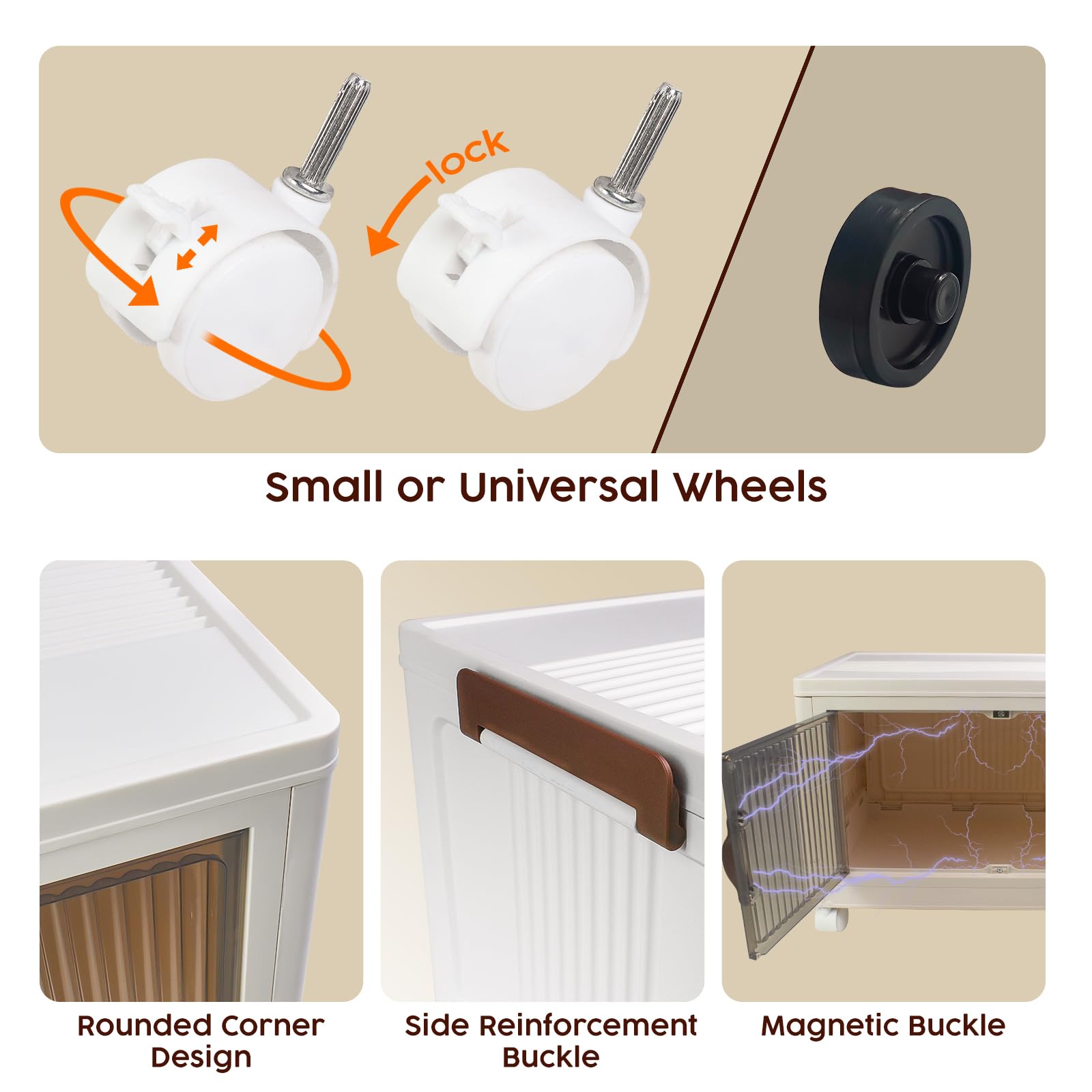 CNDSE 8.6Gal Foldable Double Door Storage Box, Collapsible Plastic Containers with Lids, White Stackable Storage Bins with Lockable Wheels, 3 Tiers
