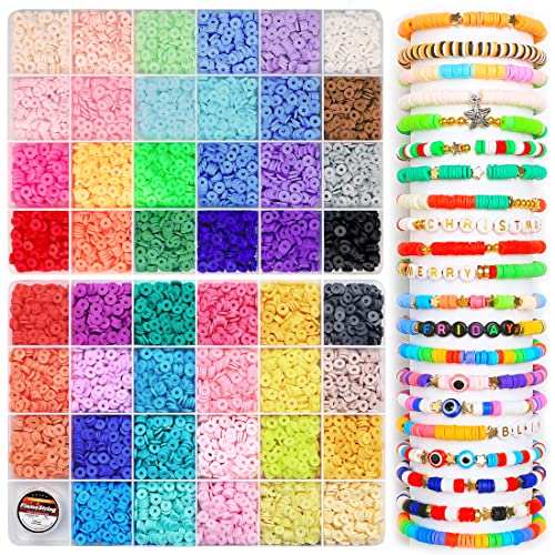Bundooraking Clay Beads,6000+pcs Multicolor Polymer Clay Beads for Jewelry Making, Heishi Beads, Elastic Strings, Clay Beads for Bracelet Making - Perfect Crafts Beads Set.