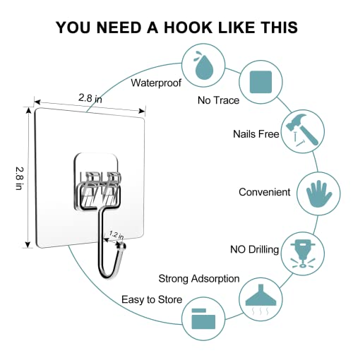 NileHome Adhesive Hooks for Hanging 10 Packs Heavy Duty Wall Hooks Reusable Removable Waterproof Bathroom Hooks Transparent Sticky Hooks for Kitchen Glass Door