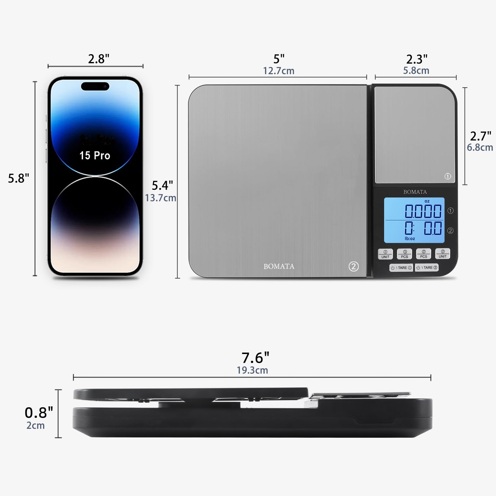 BOMATA Dual Platform Digital Kitchen Scale with Two Precision 0.1g & 0.01g/0.001oz, Max Capacity 11lb/5kg,Tare Function, Units Conversions, Dual-line LCD with Backlit, Stainless Steel, Black