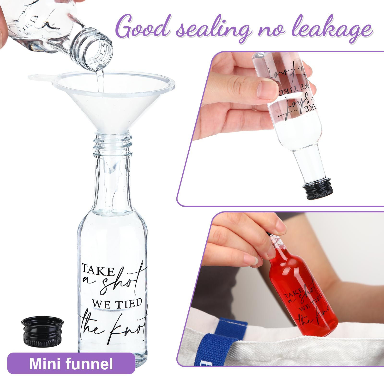 Bokon Mini Wedding Liquor Bottles Take a Shot We Tied The Knot Shot Glasses for Guests 1.7 Fl Oz/ 50 ml Plastic Reusable Empty Bottle with Cap Funnel Acrylic Shot Bottles for Bridal Party (100 Pcs)
