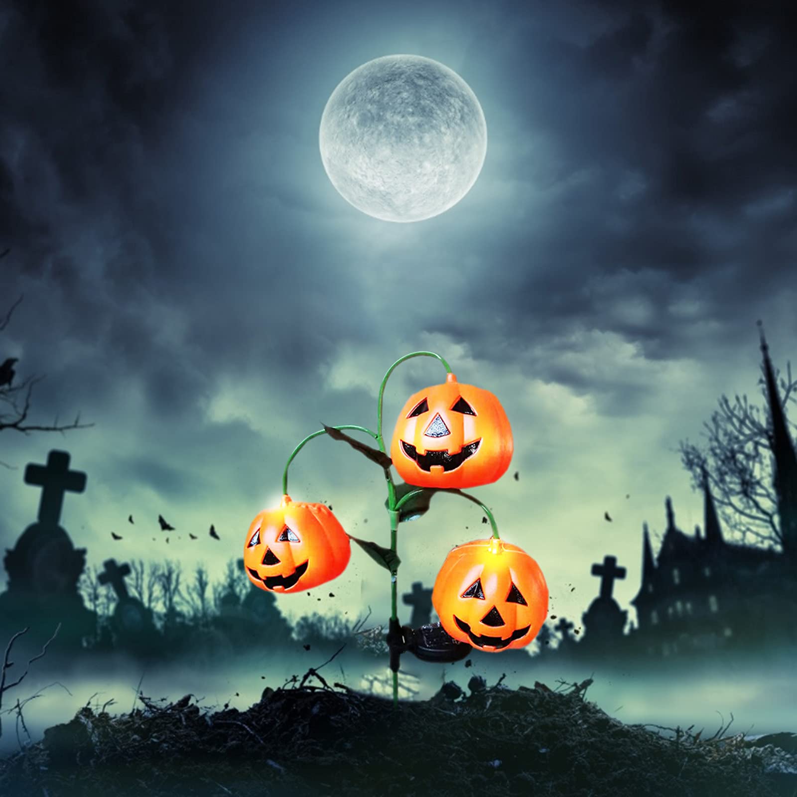 Sunmoony Solar Pumpkin LED Stake Lights for Outdoor Garden, Hanging Pumpkin Lantern for Horror Nights Home Yard Party Halloween Decor (Yellow Light-Small)