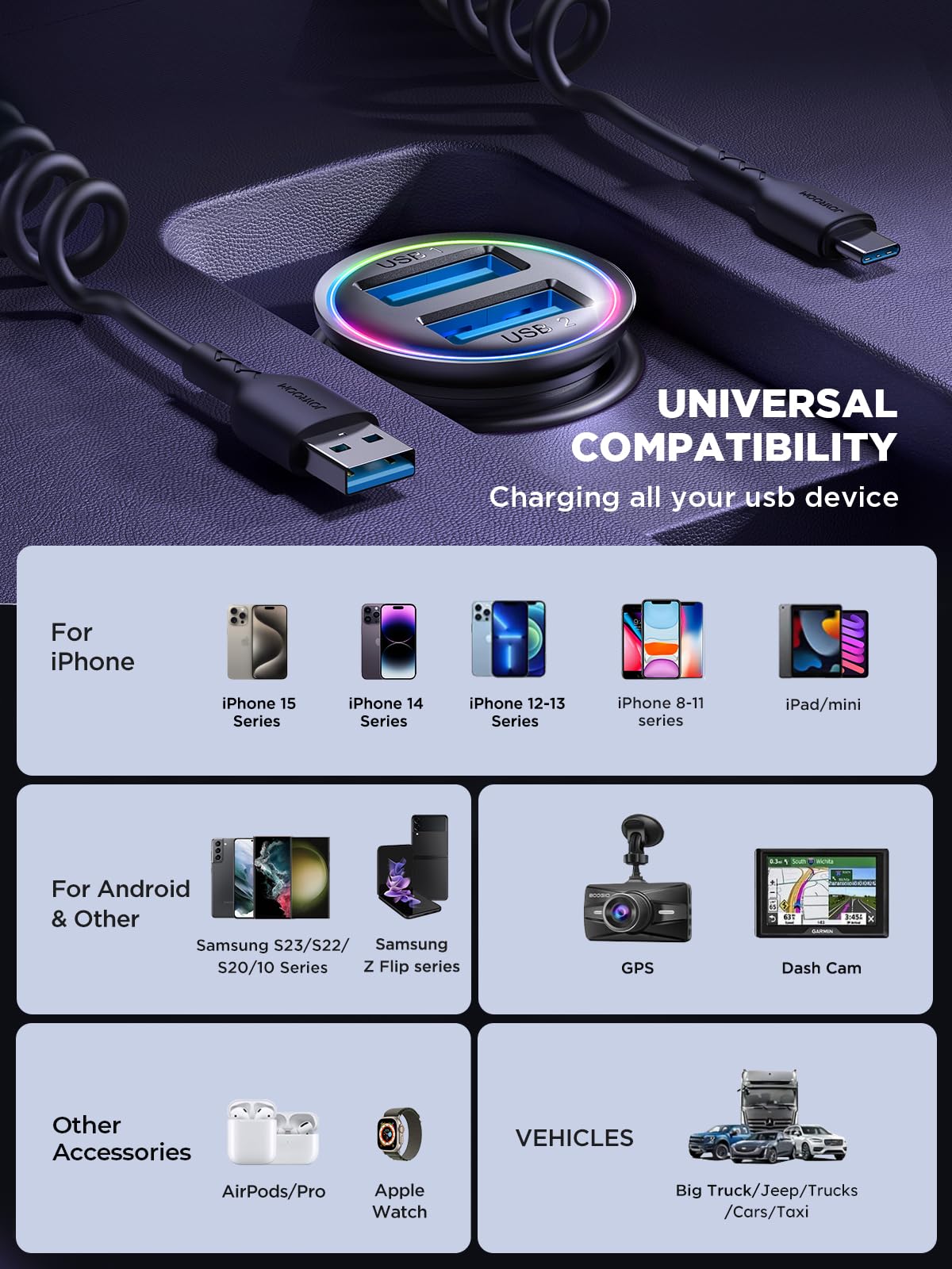 Car Charger,JOYROOM 4.8A Car Phone Charger All Metal, Mini Cigarette Lighter USB Charger with Type C Coiled Cable for iPhone 15 Pro, Dual USB Car Charger Adapter Fast Charge for iPhone/Samsung/Android