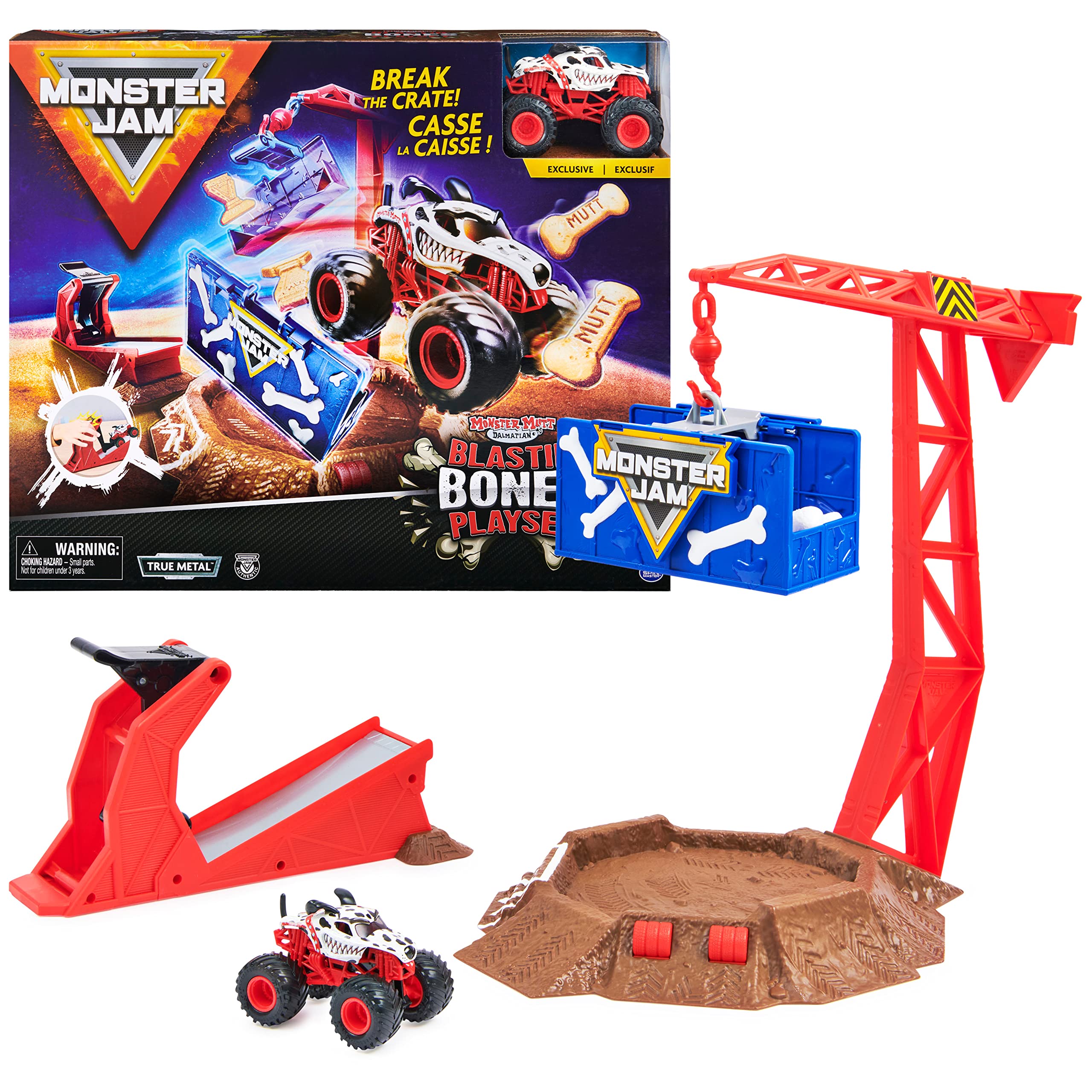 Monster Jam, Blastinā Bones Playset with Exclusive Monster Mutt Dalmatian, Monster Truck Kids Toys for Boys Aged 3 and Up