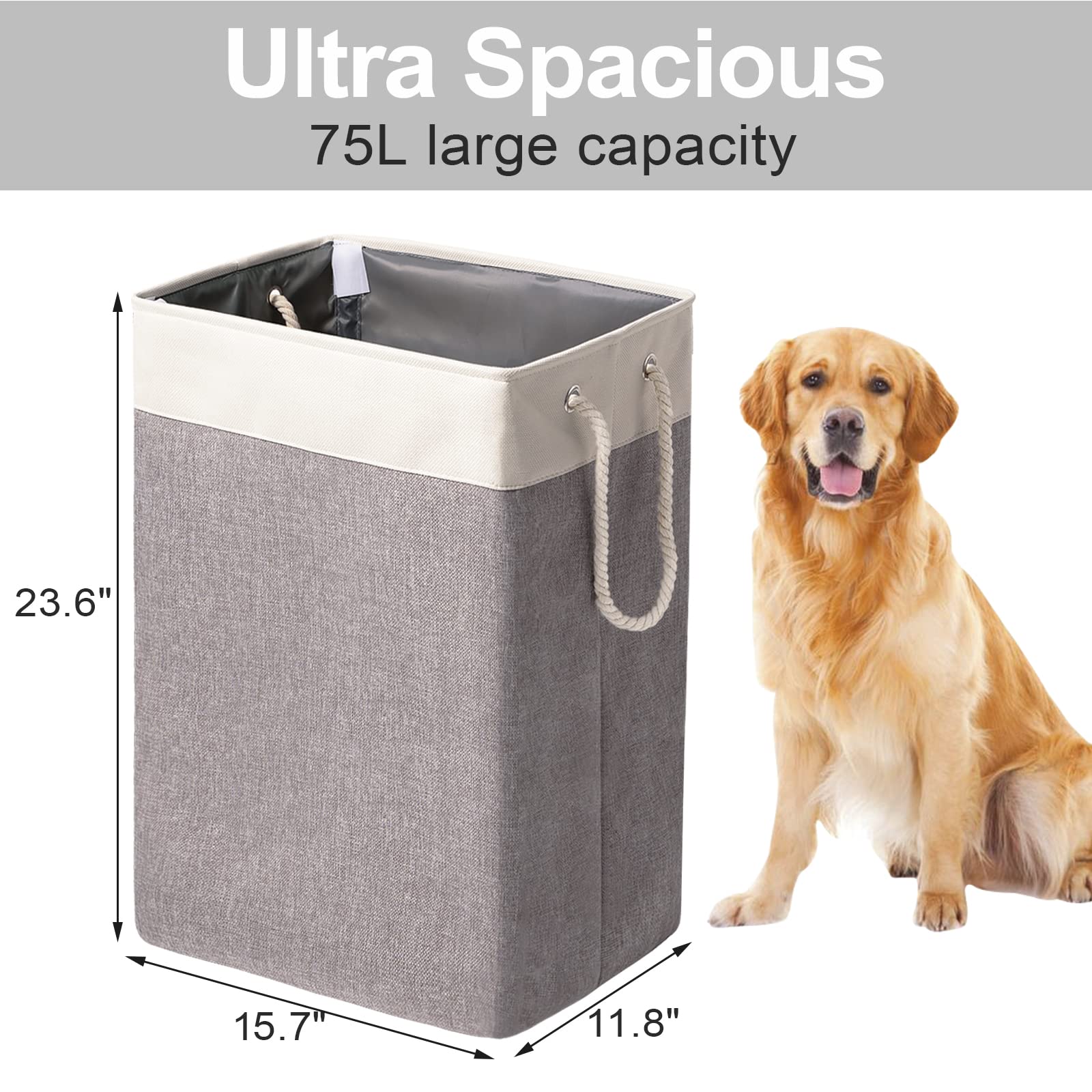 ELONG HOME Laundry Basket 2 Pack, 75L Laundry Hamper with Support Rods and Rope Handles, Freestanding Laundry Baskets, Linen Hampers for Laundry Room Bathroom Bedroom, Grey+Beige