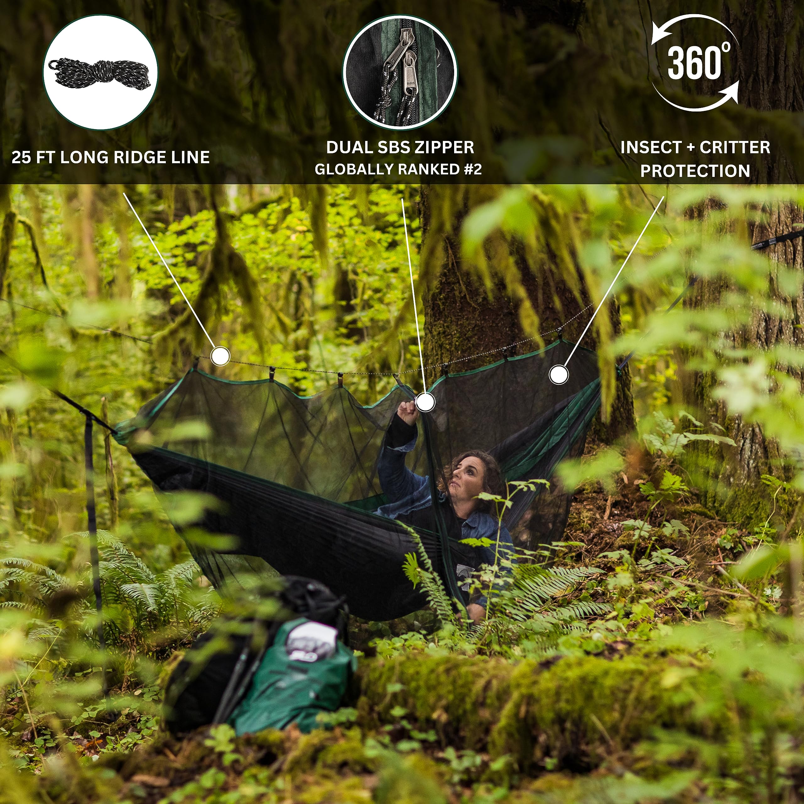 Camping Hammock with Bug Net and Rain Fly – Durable Ripstop Nylon Construction with 12’ Tree Straps, 5kn Carabiners, Tent Stakes and Waterproof Carry Bag
