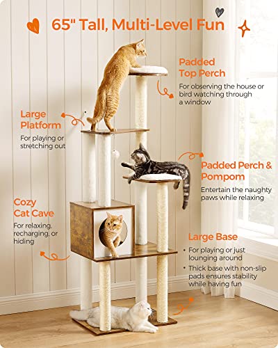 Feandrea WoodyWonders Cat Tree, 65-Inch Modern Cat Tower for Indoor Cats, Multi-Level Cat Condo with 5 Scratching Posts, Perch, Washable Removable Cushions, Cat Furniture, Rustic Brown UPCT166X01