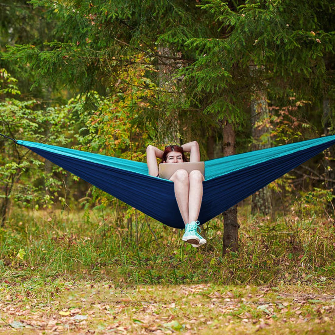 Camping Hammock Double with 2 Tree Straps Made of Portable Lightweight Nylon Parachute for Backpacking,Travel,Beach,Yard and Outdoor Survival (NavyBlue-Blue)