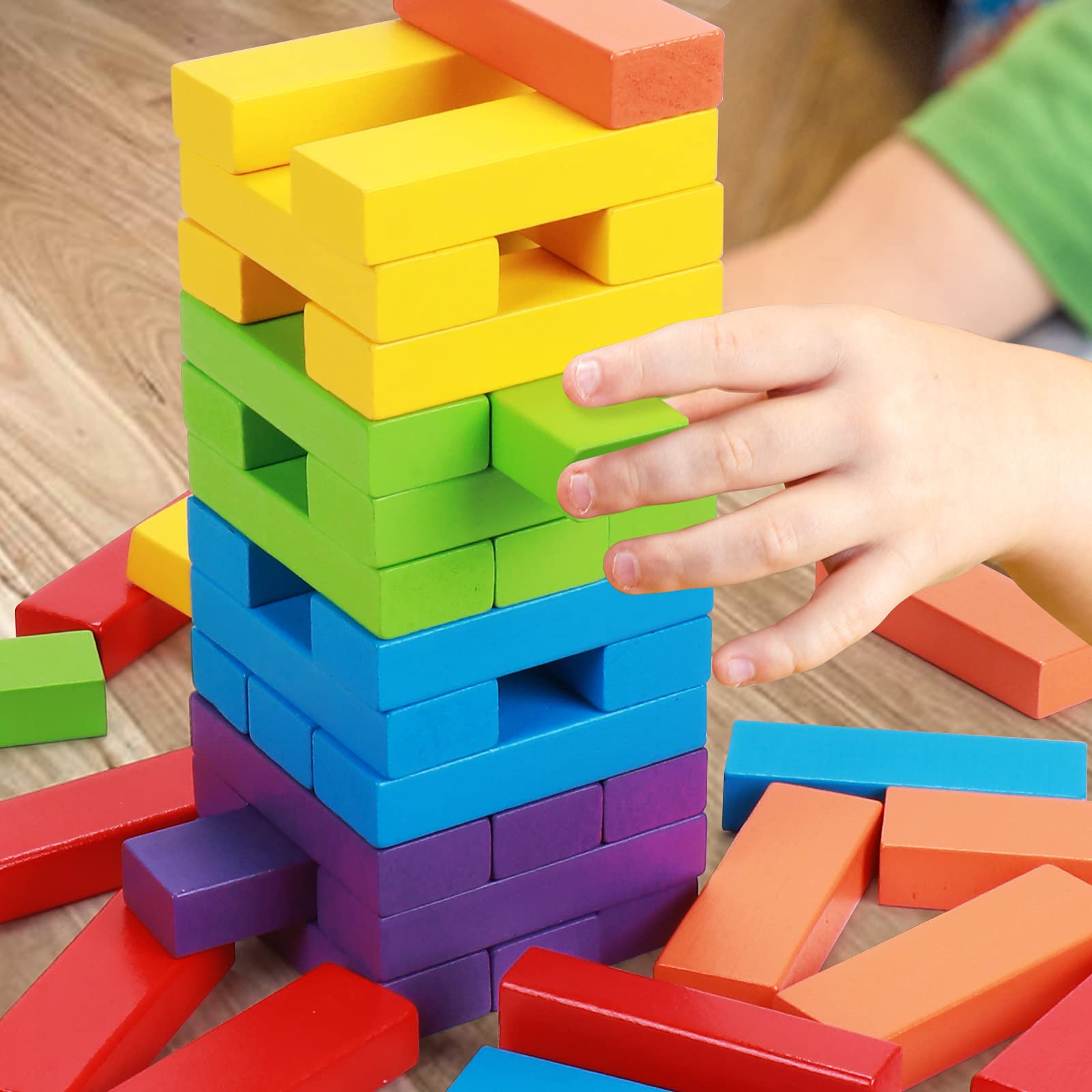 Tacobear Colorful Wooden Stacking Board Games Building Blocks for Kids Boys Girls Ages 3 4 5 6 7 8 with 54 Pieces