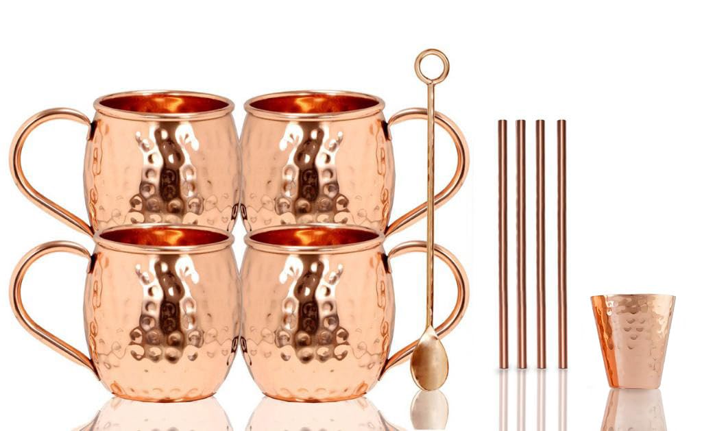 BOLD & DIVINE Authentic Moscow Mule Copper Mugs | Solid 100% Copper Cups Set w/ 4 Straws, 1 Shot Glass, 1 Spoon | Set of 4 (16oz)