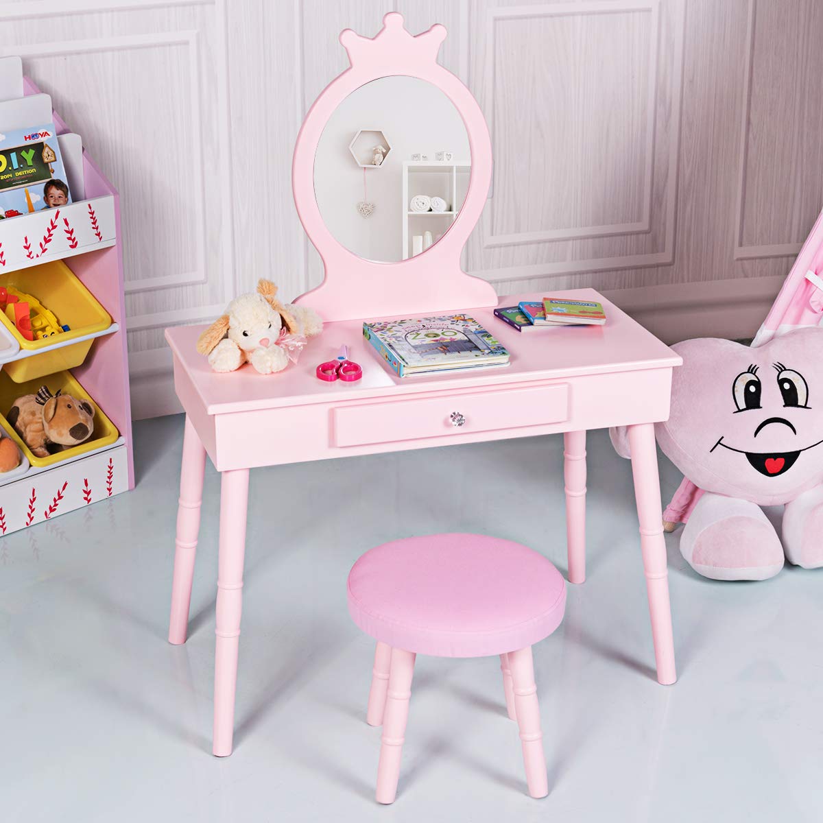 GOFLAME Kids Vanity Set, Princess Dressing Table Set, Wooden Dresser, Little Girls Makeup Table and Stool Set, Pretend Beauty Play Set with Real Mirror, Pull-Out Drawer and Cushioned Stool (Pink)