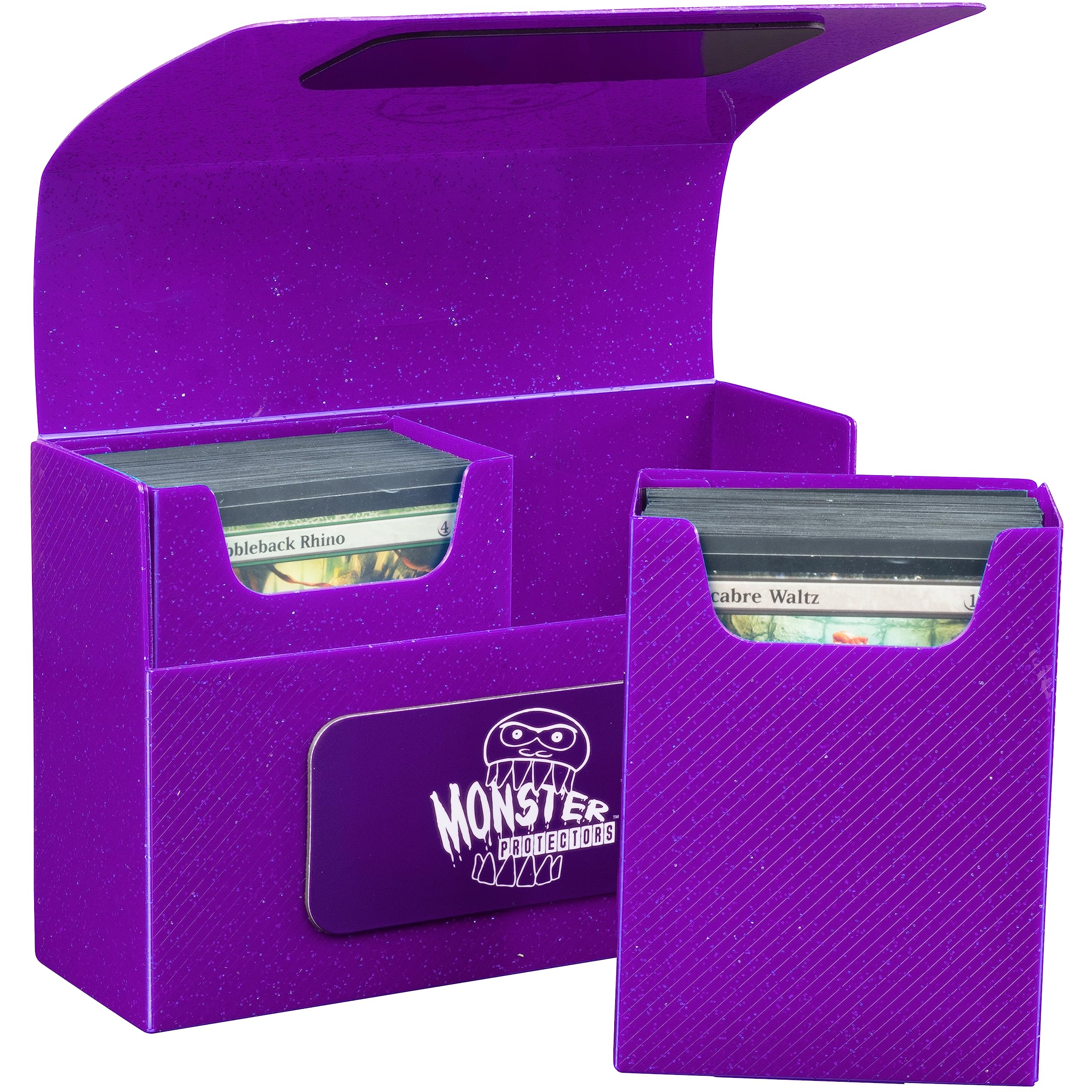 Monster Protectors Magnetic Double Deck Box - Purple Glitter, Holds 150 Gaming TCGs, Self-locking Closure, Compatible w Standard & Smaller Size Gaming Trading Cards, Removable Construction, Gift