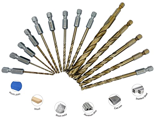 NordWolf 14-Piece M35 Cobalt Jobber Drill Bit Set for Stainless Steel, Metal, Cast Iron and Wood, with 1/4" Hex Shank for Quick Chucks & Impact Drivers, SAE Sizes 1/16" to 3/8" in Storage Box