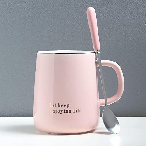 Ceramic Mug Birthday Gifts for Women China Tea Cups with Spoon Coffee Cup Suitable for Making Tea,Cold Drinks,Hot Drinks,Coffee,Etc(Pink,14.5oz)