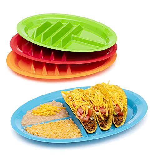 Jarratt Industries Fiesta Taco Serving Plastic Plates Set, Serving Trays with Stand Up Holder for Soft and Hard Shell Tacos, Use for Taco Nights and Bar, Microwave Safe, Set of 4