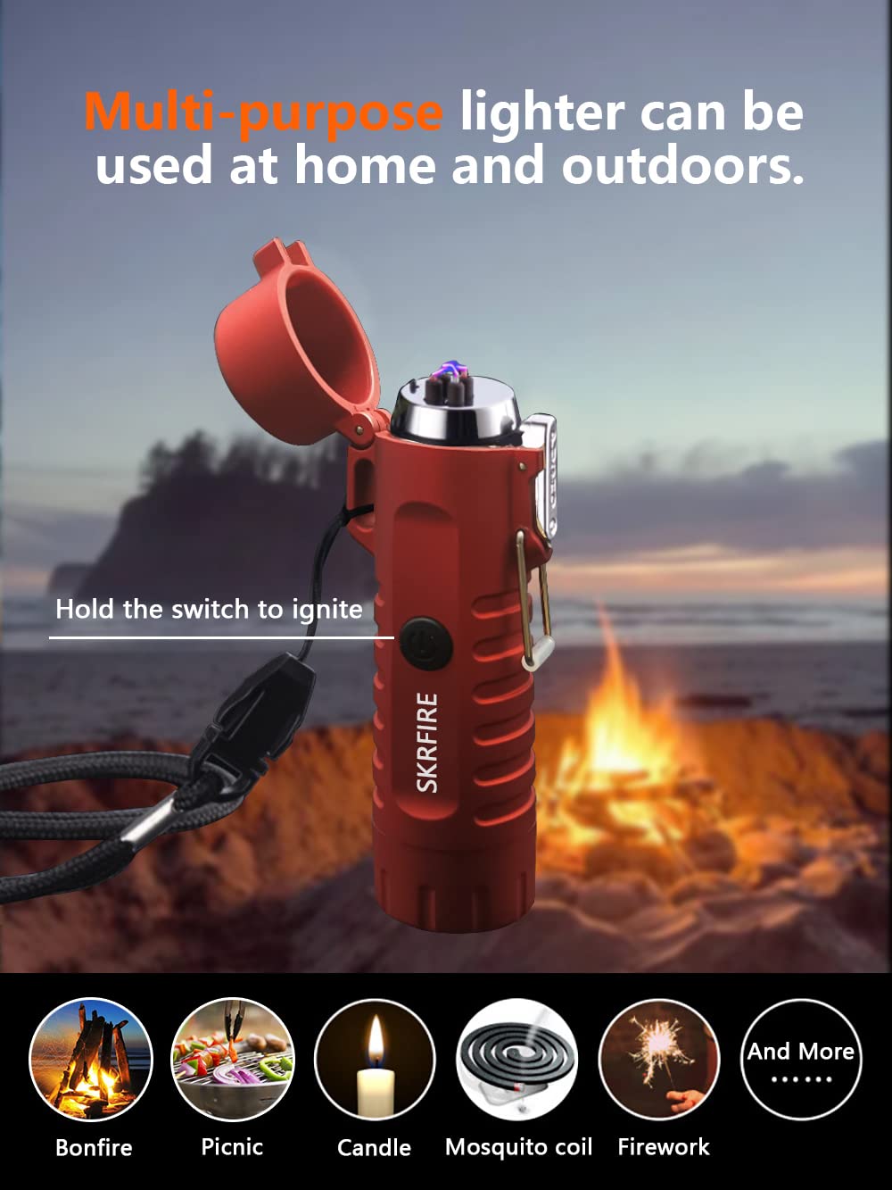 SKRFIRE Electric Outdoor Lighter Waterproof Plasma Lighter Windproof Arc Lighter Portable Fashion Lighter for Lighting Suitable for Emergency Survival Kit, Camping, Hiking (Red)
