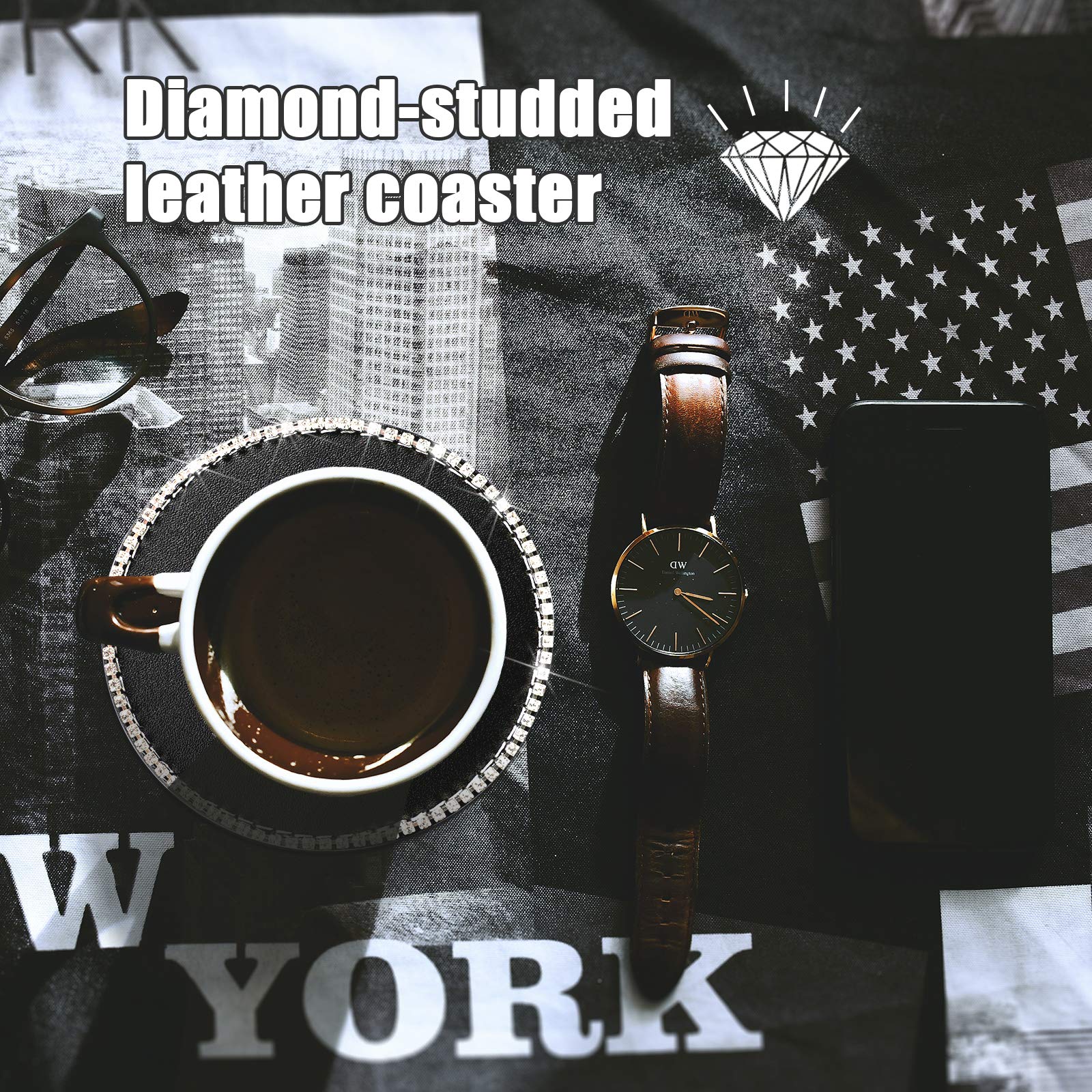 Coasters for Drinks Coffee Tea Cup Pads Table Mat with Coaster Holder for Home,Office,Kitchen,Bar,Bling Crystal Luxury Handmade Diamond (Set of 6) (R White)