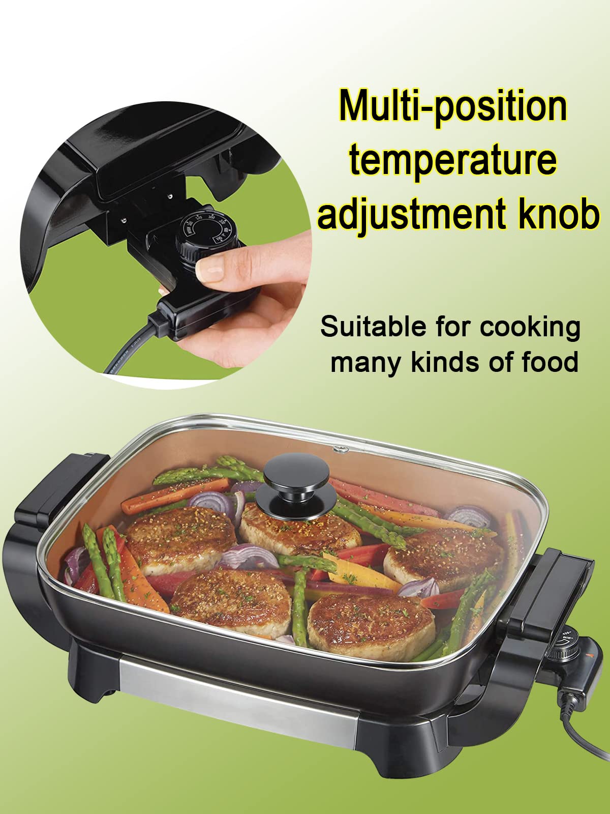 Ceramic Nonstick Electric Skillet with Lids - 12”x15” Removable Pan, Adjustable Temperature & Reversible Design, Nozaya