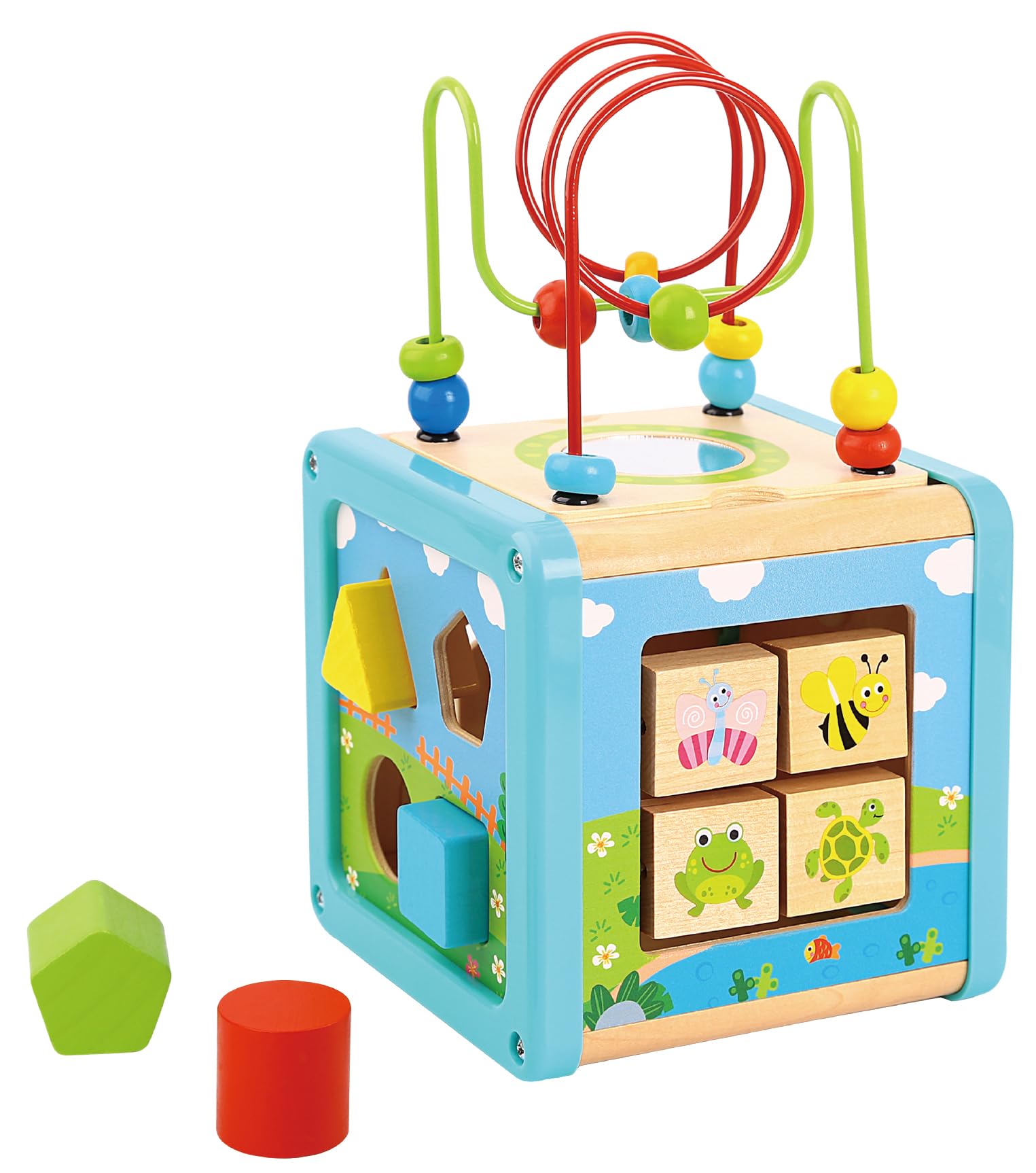 TOOKYLAND Activity Cube Wooden Toys Bead Maze Shape Sorter Learning Developmental Montessori Toys Small Size Gifts for Toddler Kids