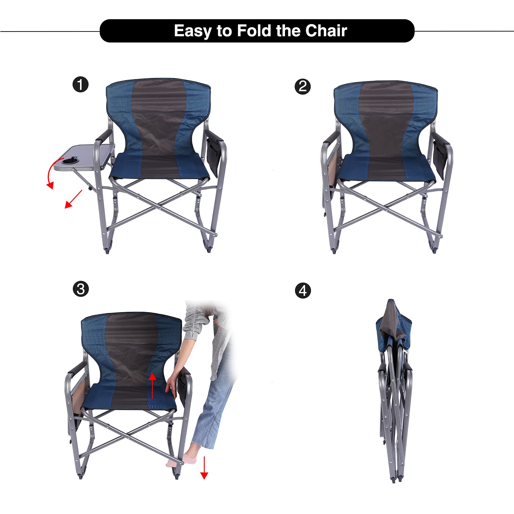 CAMPMAX Oversized Camping Chairs for Adults 2 Pack, Sturdy Heavy Duty Folding Director Chair with Side Table, Portable for Outdoor Outside Sport Lawn, Blue 2 Pack