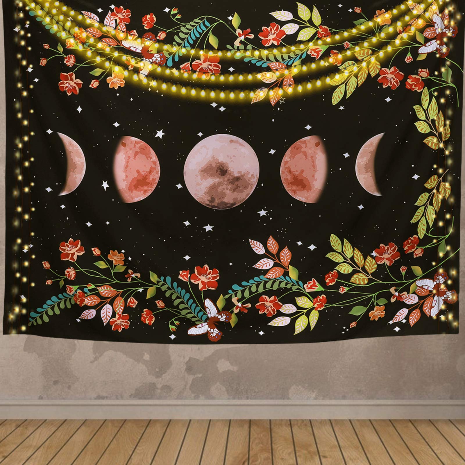 Moonlit Garden Tapestry Boho Wall Tapestry Aesthetic Moon Phase Tapestries with Flower Mandala Wall Hanging Black Wall Decor for Room(59 x 79 inches)