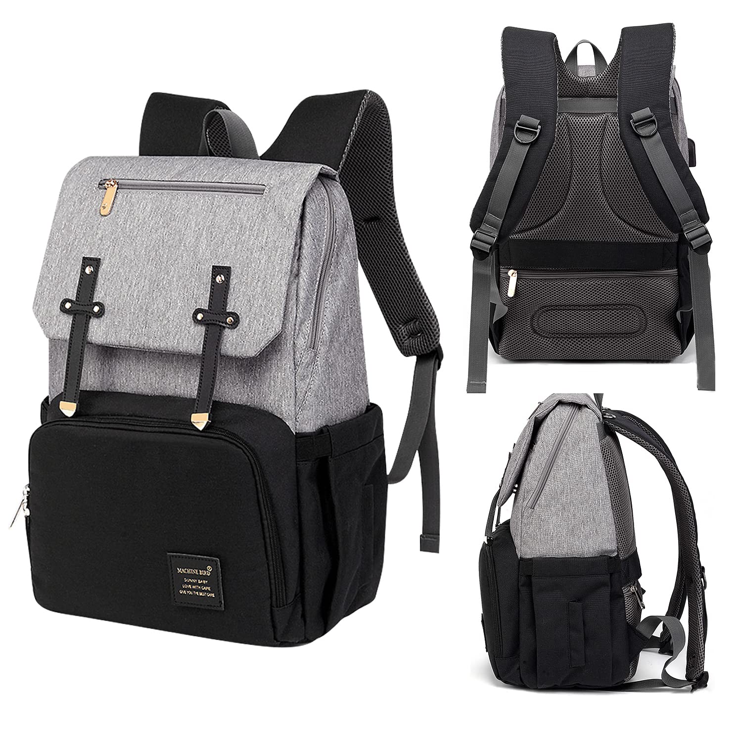 Diaper Bag Backpack, Multifunction Large Baby Bags with Charging, Unisex Stylish for Mom and Dad Travel Backpacks(Grey+Black)