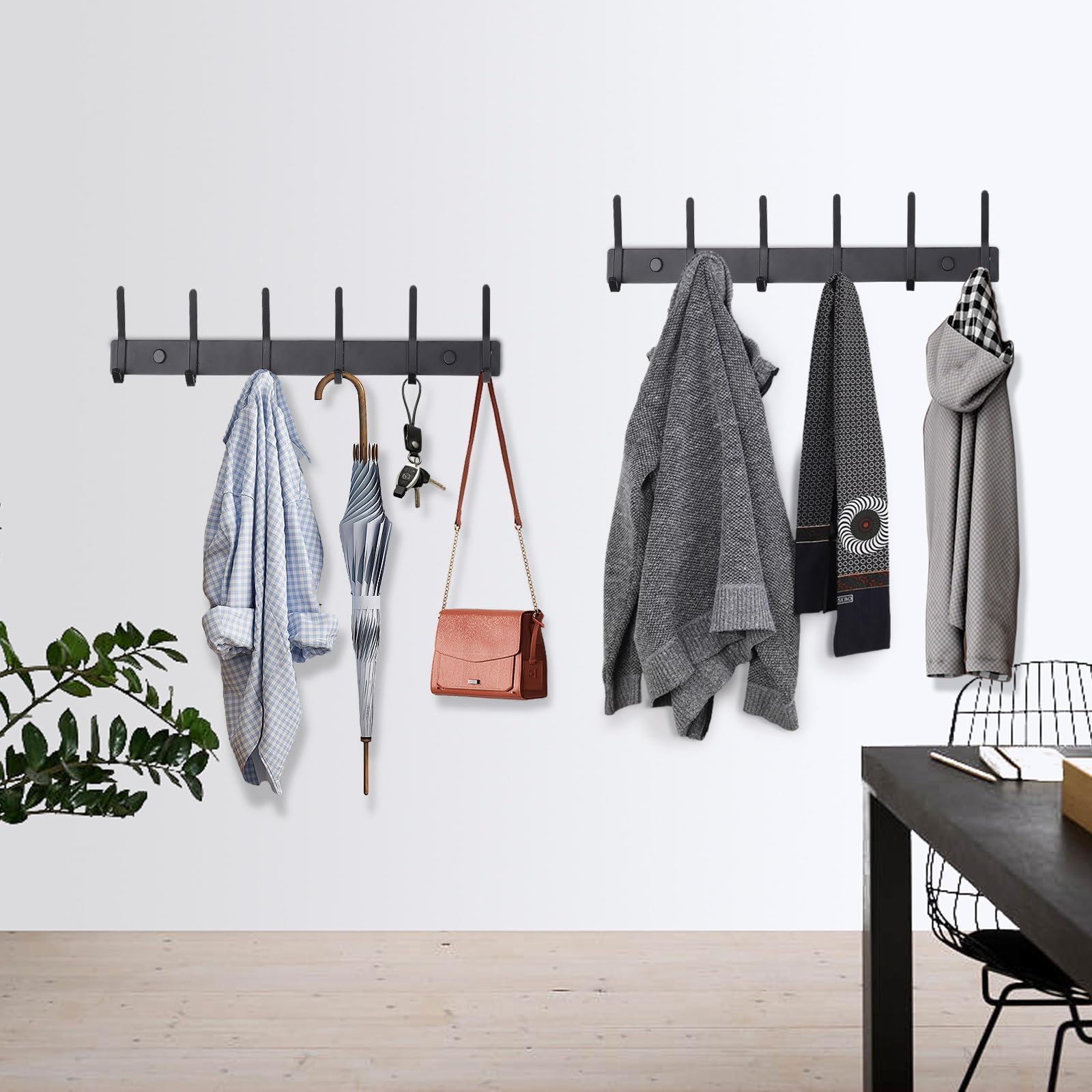 Coat Rack Wall Mounted with 6 Hooks,2 Pack Stainless Steel Coat Hooks for Hanging Coats,Heavy Duty Wall Hooks for Kitchen,Balcony, Bathroom,Living Room,and More