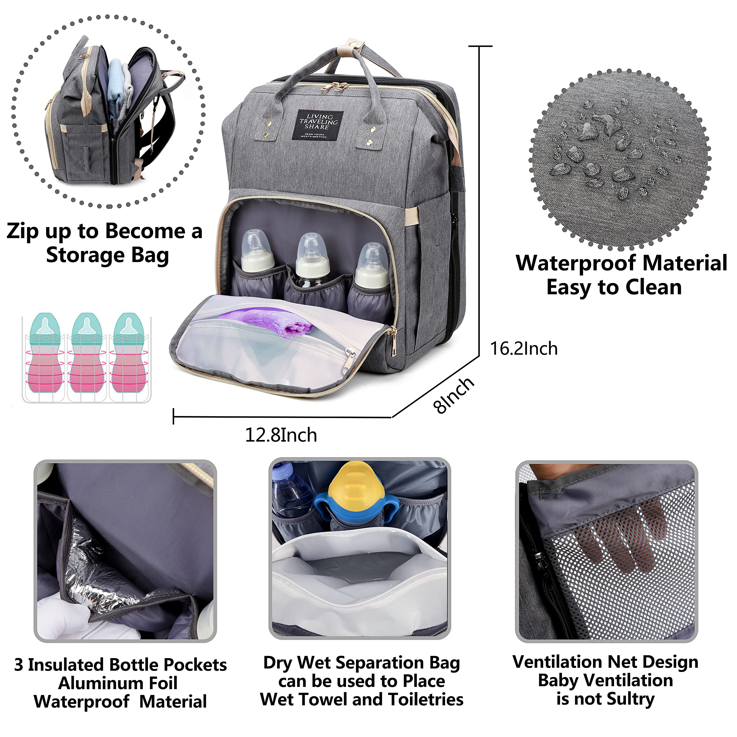 Diaper Bag Backpack, Nappy Bags for Baby Boy with USB Charging Port, Large Capacity, Waterproof, Breathable Mosquito Net Sunshade Grey