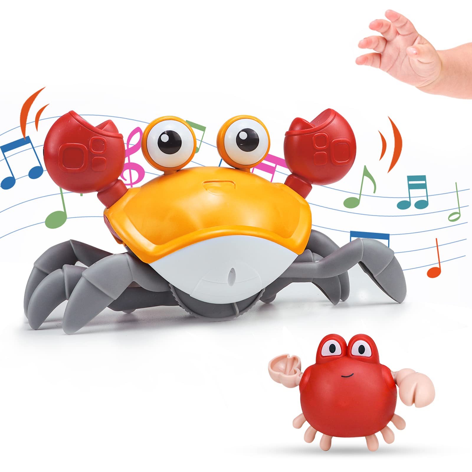 Befocus Baby Crawling Crab Toy with Music and LED Light for Kids Toddles, Crab Toys with Automatic Induction and Obstacle Avoidance Function, USB Rechargeable Fun Moving Toys for Boys Girls (Yellow)