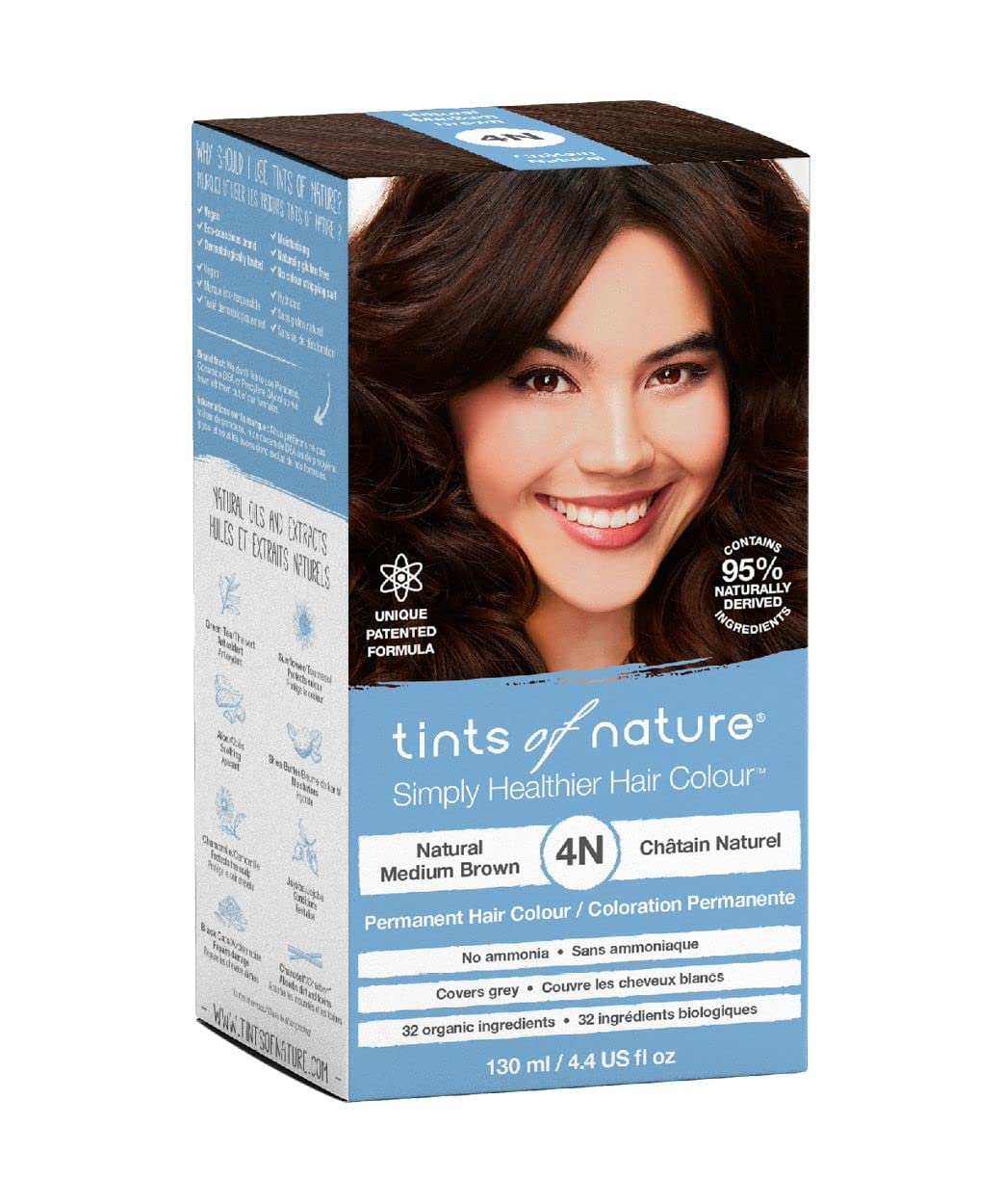 Tints of Nature 4N Natural Medium Brown Permanent Hair Dye, Nourishes Hair and Covers Greys, Ammonia-Free, 130ml