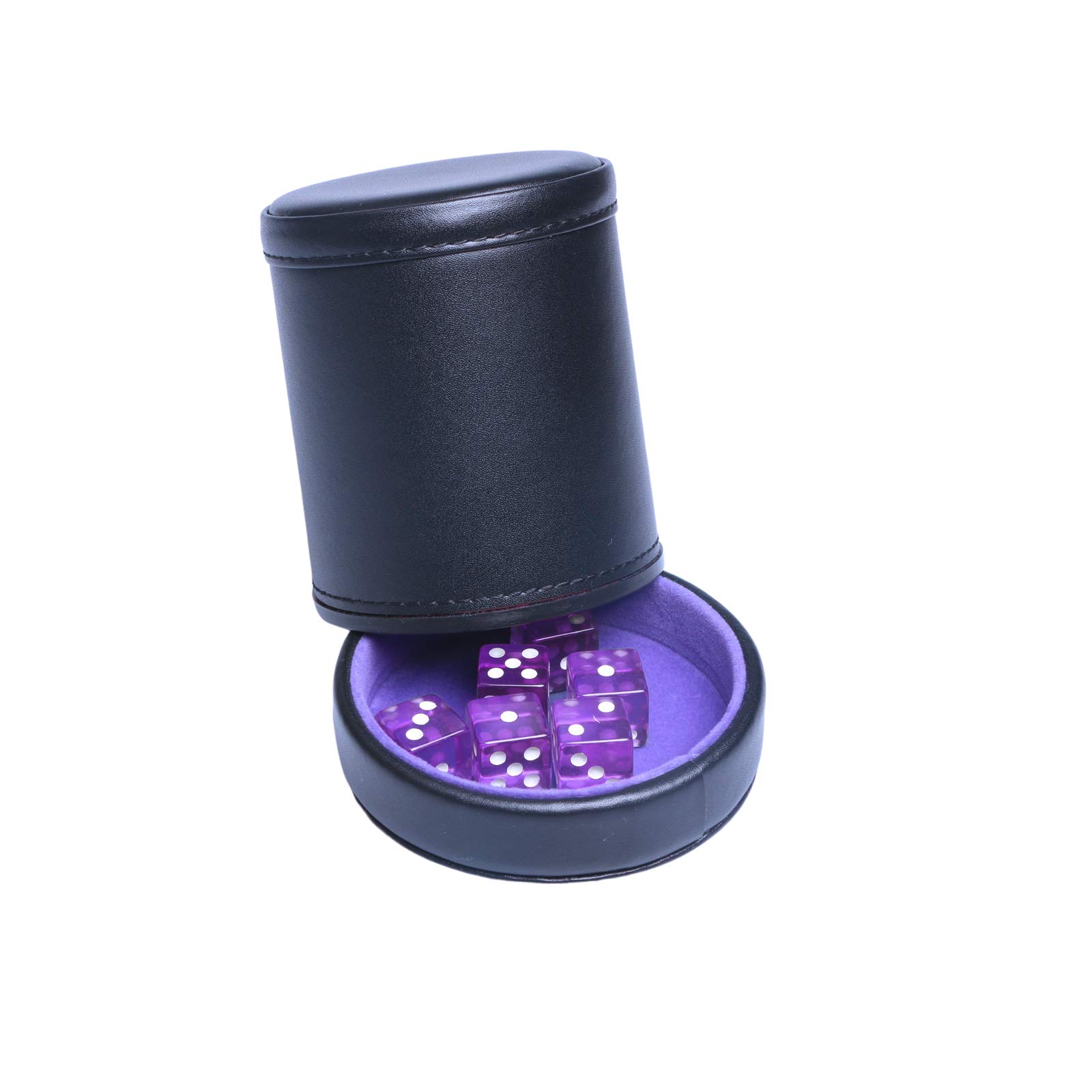 PU Leather Dice Cup with Lid/ Cap, Felt-Lined Dice Shaker Includes 6 Six-Sided Dice for Liars Dice/ Farkle/ Yahtzee/ Board Games