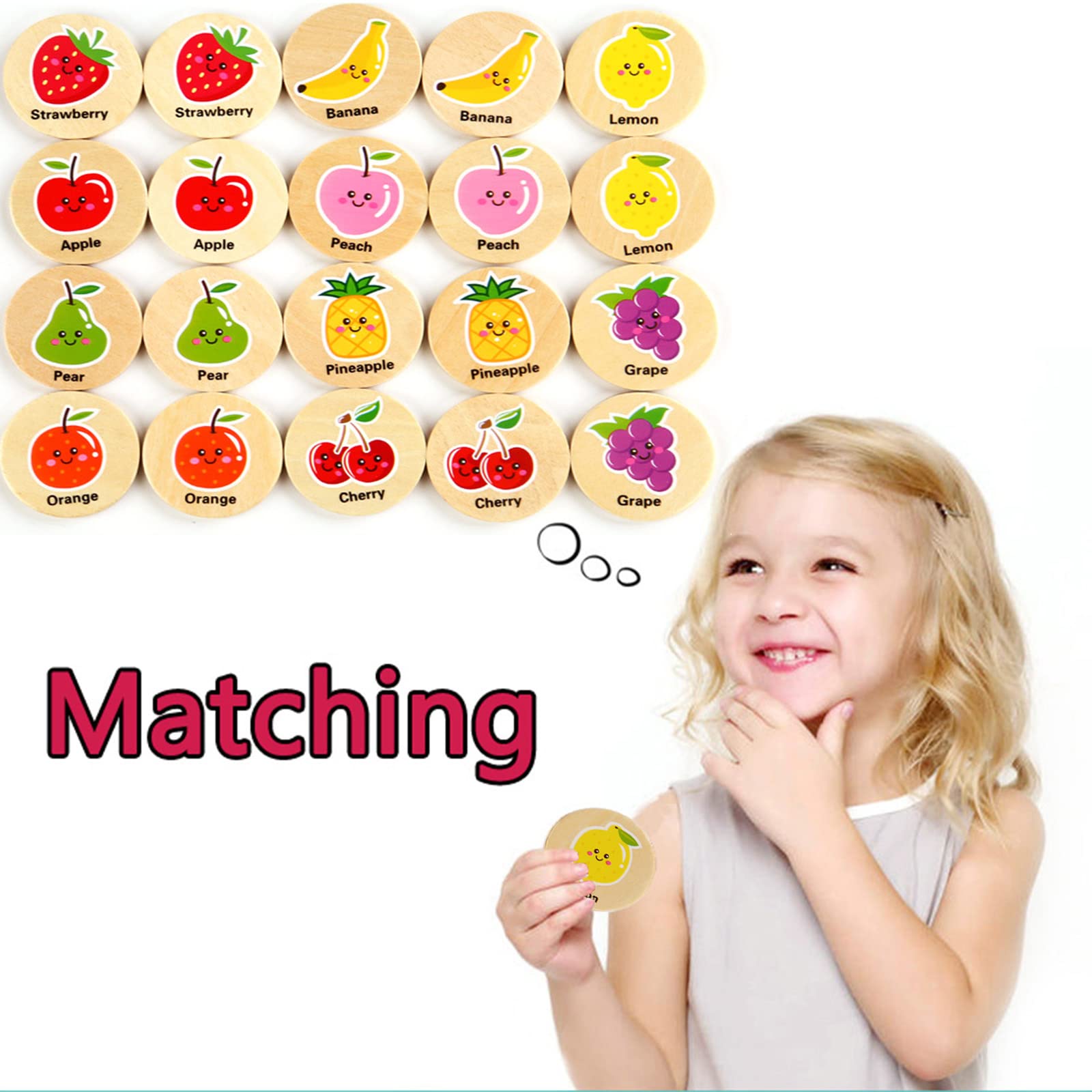 Pualsol Wooden Memory Game for Kids.20PC Memory Matching Games for Toddlers 2-4 Years.Preschool Game Memory Card Toy.Matching Games for Toddlers 1-3(Fruit)