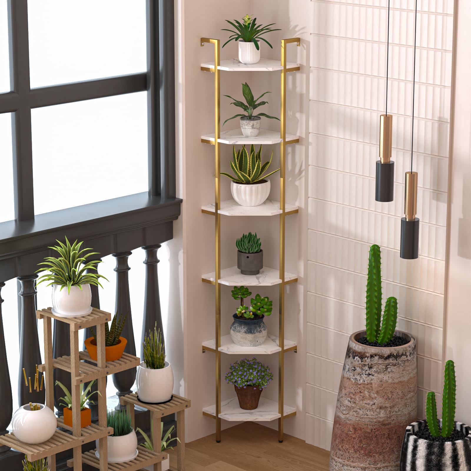 Dosker Corner Shelf White Wall Mounted Bookshelf, 6 Tier Plant Stand and Display Shelf for Living Room,Wall Corner Bookshelf Multi Storage Organizer Ladder Style Shelving Unit with Marble Accents
