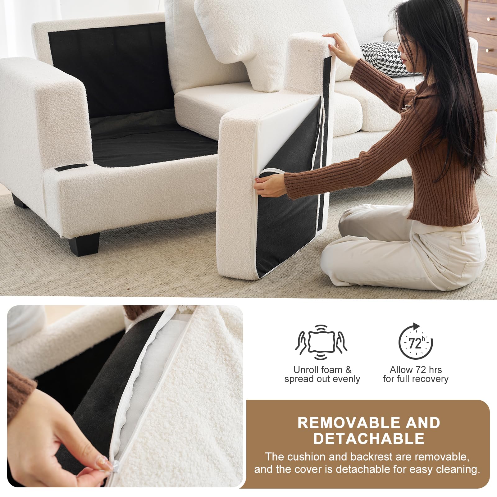 ELUCHANG 80" Deep Seat Sofa Couches for Living Room, 3 Seater Sofa Teddy Cloud Sofa Modern Sofa Couch with Removable Cushion&Detachable Cover, Comfy Sofa for Small Space, Apartment, White, Set of 1