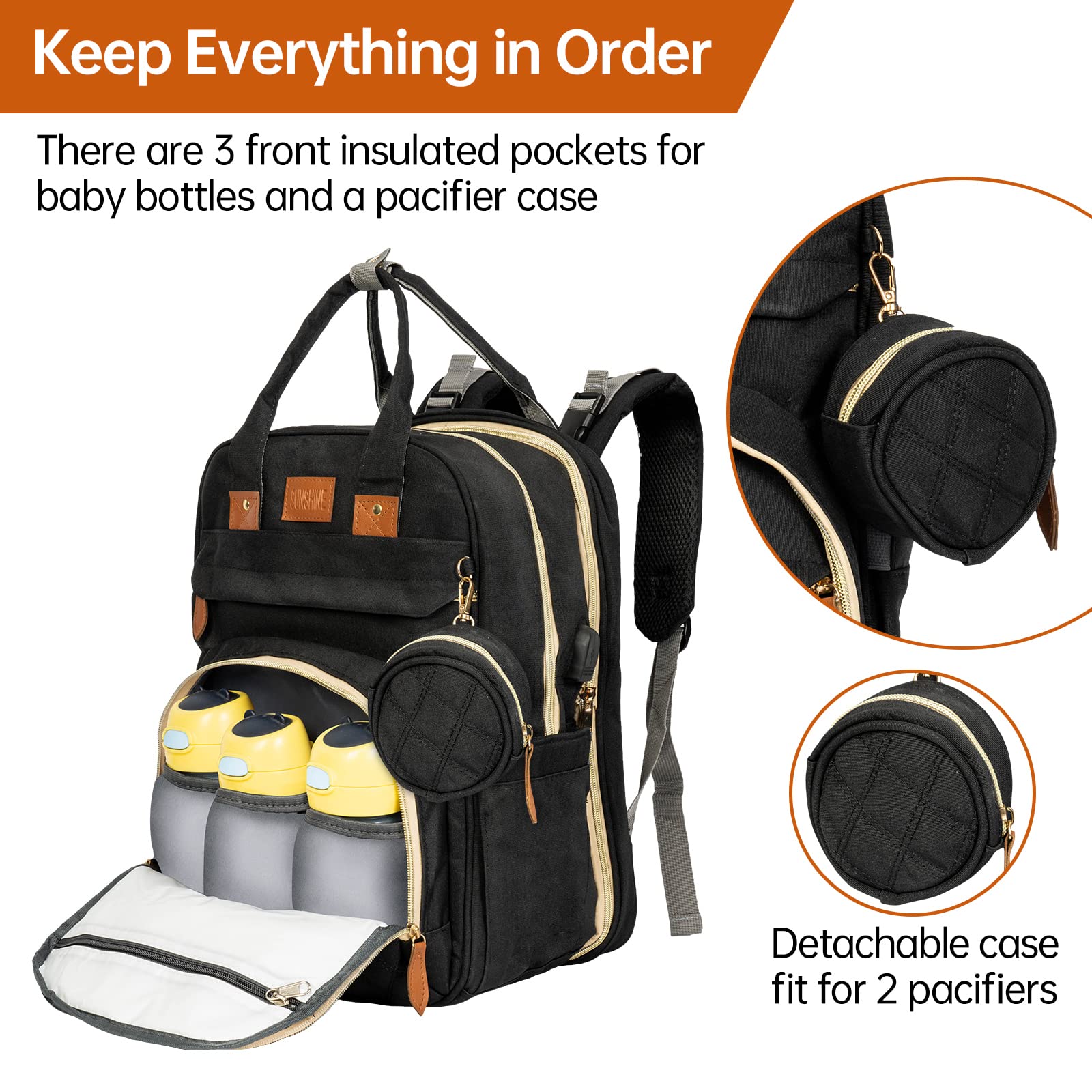 DAILY&DIARY Diaper Bag Backpack, Baby Bag Multifunction Waterproof Nappy Bag with Stroller Straps, USB Charging Port Unisex for Newborn Boys Girls, Black