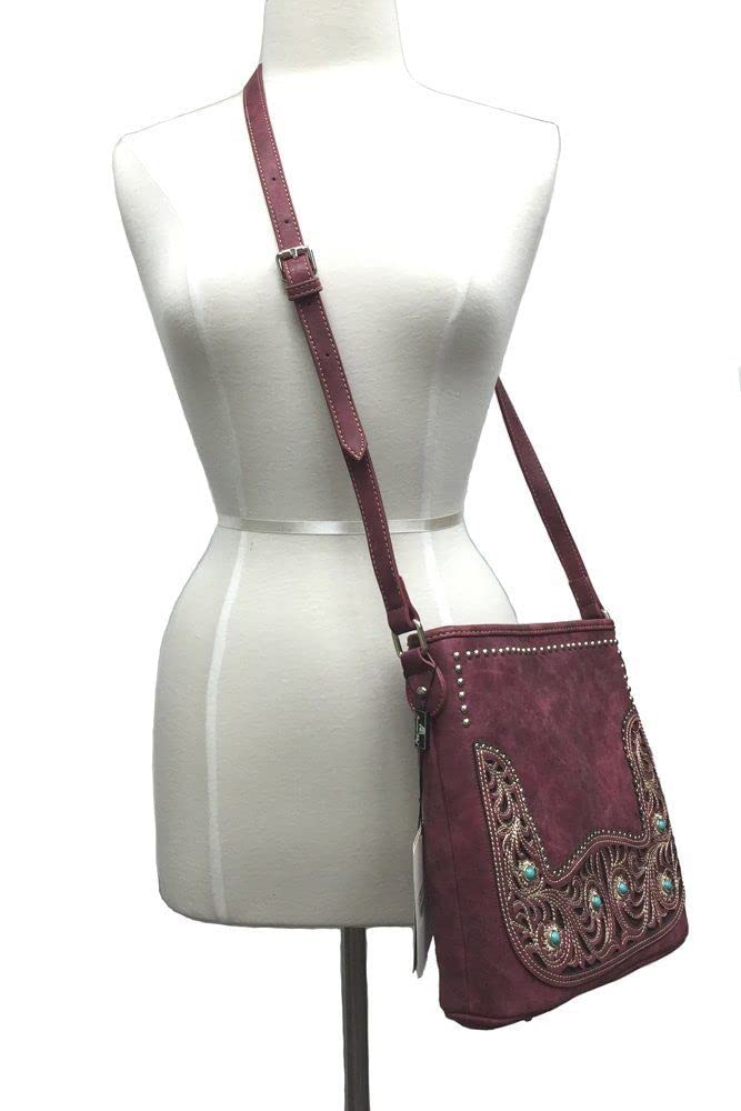 Montana West Concealed Carry Studs and Conchos Crossbody Purse - Burgundy