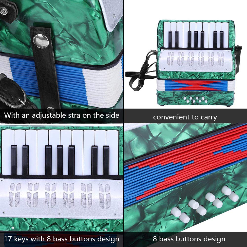 Beginner Accordion, 17 Key 8 Bass Entry Level Accordion with Adjustable Shoulder Strap Piano Accordion Instruments for Beginners Mother's Day Gift (Green)