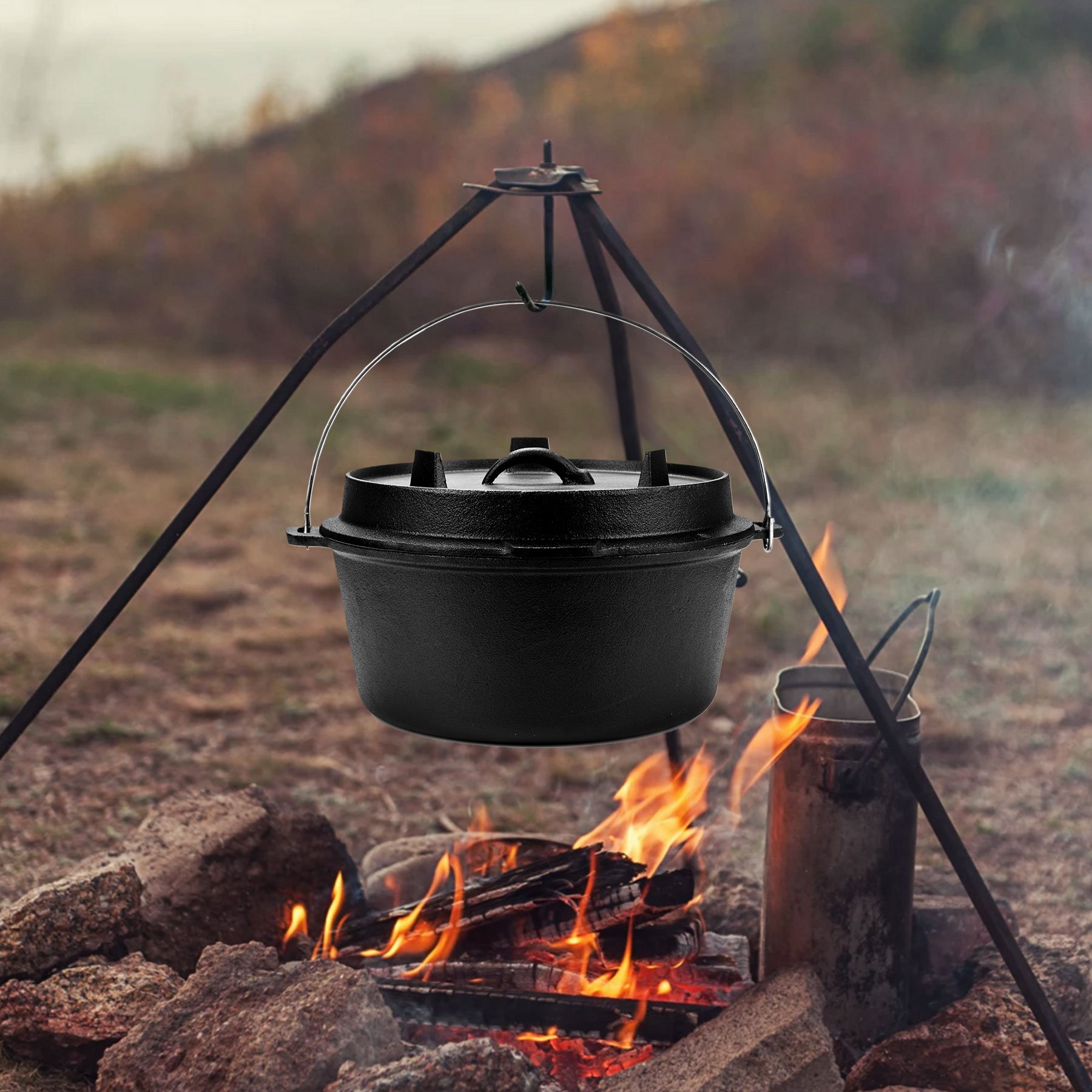 DARTMOOR 9 Quart Pre-Seasoned Cast Iron Dutch Oven with Lid and Lid Lifter Tool Outdoor Deep Camp Pot for Camping Fireplace Cooking BBQ Baking Campfire 9 QT