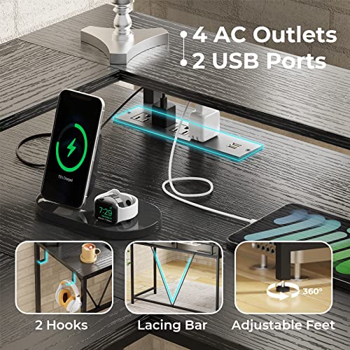 Huuger L Shaped Gaming Desk with LED Lights & Power Outlets, Computer Desk with Monitor Stand & Hooks, Home Office Desk, Corner Gaming Desk, Black