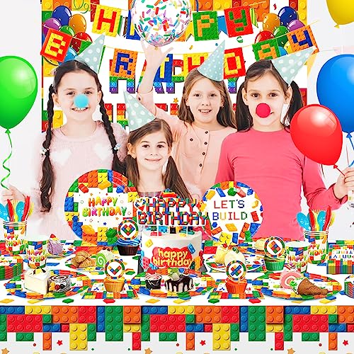 Building Blocks Birthday Party Supplies,114pcs Building Block Party Decorations&Building Blocks Tableware Set - Building Blocks Party Plates Napkins Backdrop Balloons etc Building Block Party Supplies