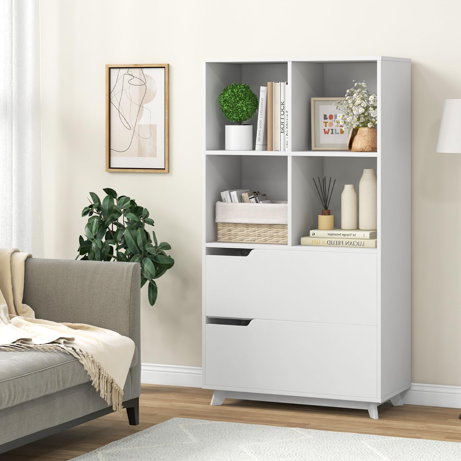 Giantex 51" Tall Bookcase with 2 Drawers, 4-Tier Open Bookshelf with 4 Storage Cubes, Modern Display Shelf with Anti-Toppling Devices, Freestanding Wooden Storage Shelf for Home Office, White